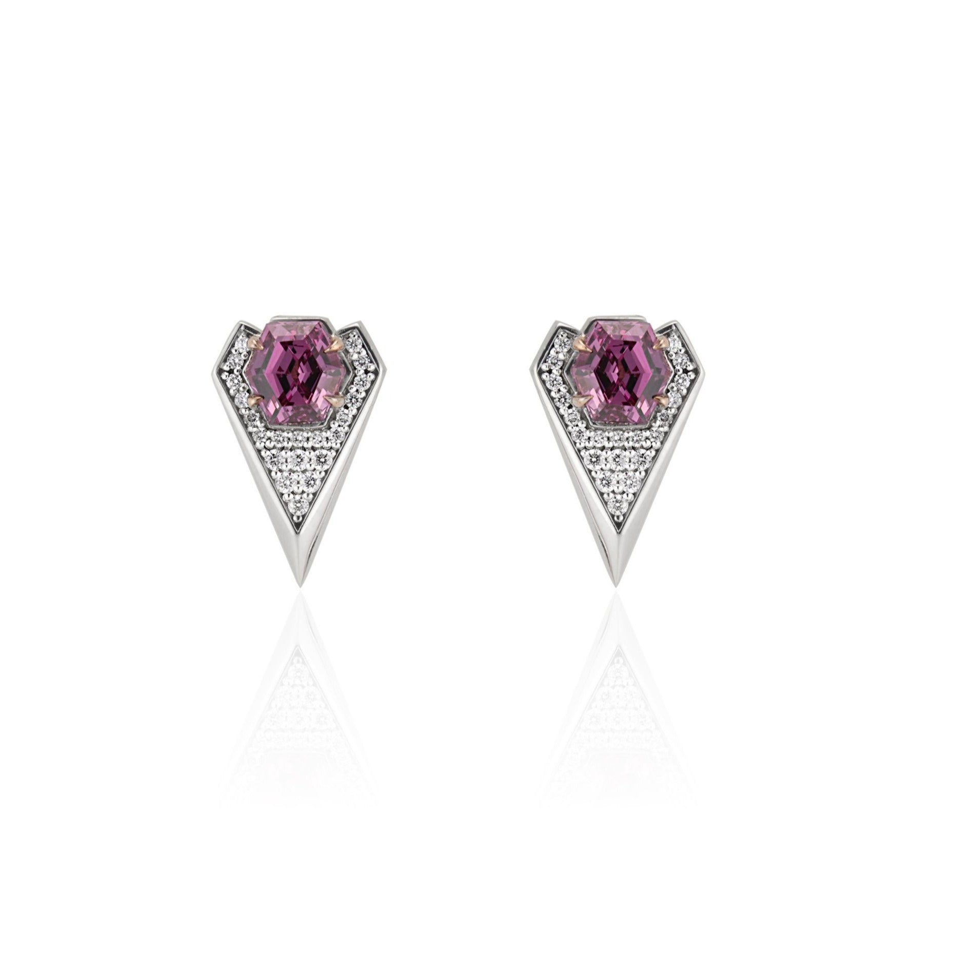 Pink Garnet & Diamond Stud Earrings - Chevron